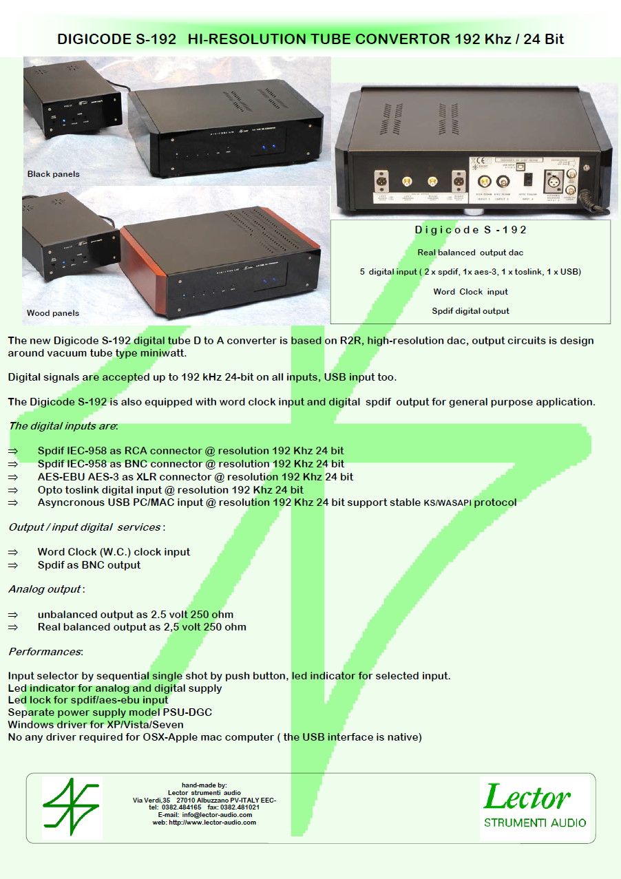 【新品消息】 Lector DIGICODE S-192 真空管DAC